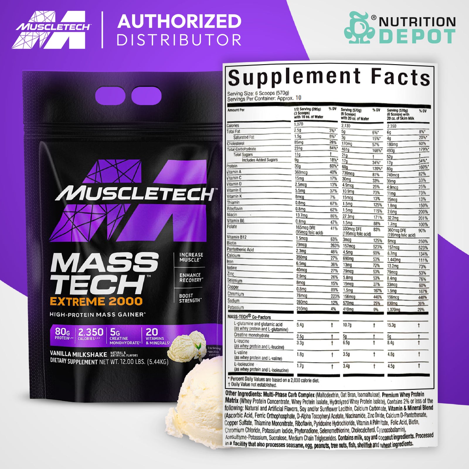 Muscletech Mass Tech Extreme 2000 - Vanilla Milkshake 12lb เวย์โปรตีนเ